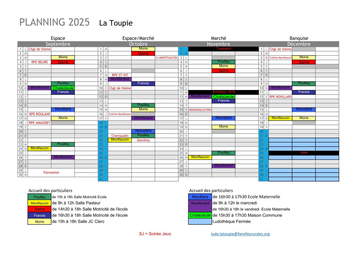 Planning Annuel La Toupie | Familles Rurales ludothèques Doubs